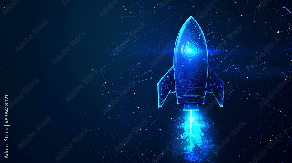 Blue glowing light bulb rocket launch with a wireframe light connection ...