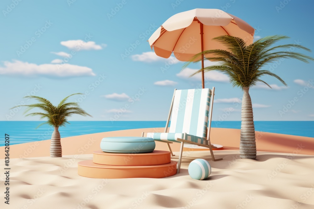 Tropical island sea shore. 2d cartoon style beach with chairs and ...