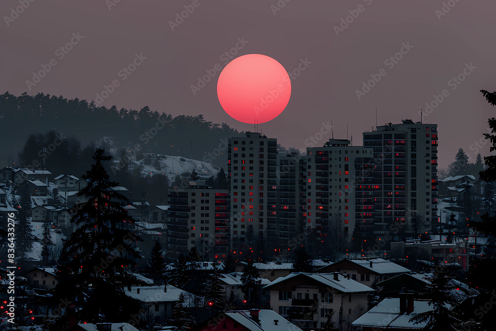 The expansive horizon is dominated by a looming red sun, its intense ...