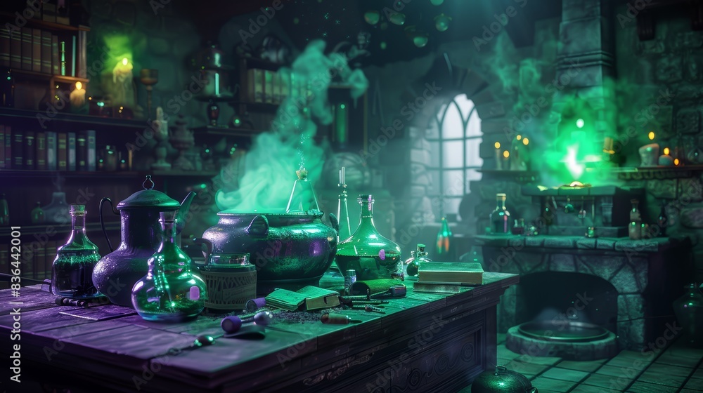 Magical potion laboratory with cauldrons and bottles emitting green ...