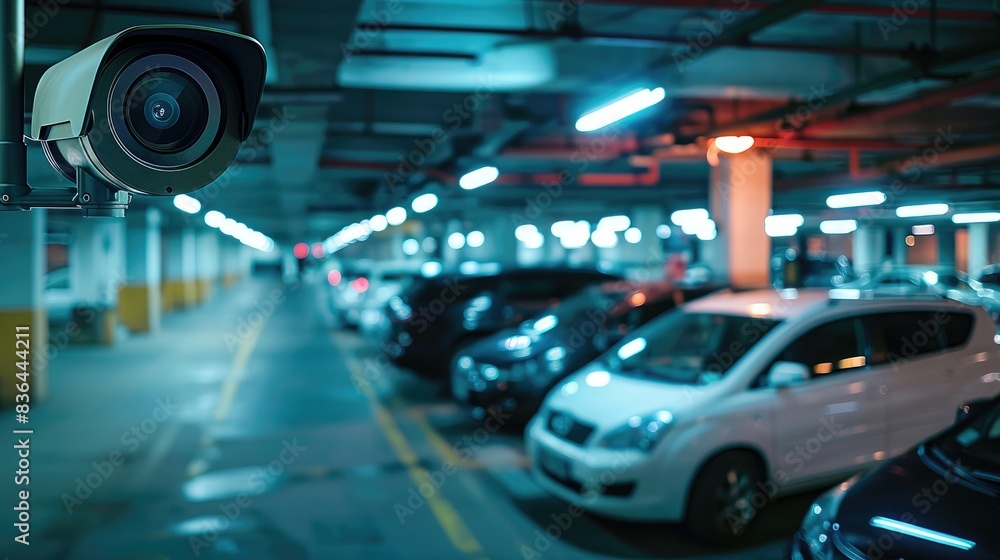A security camera monitors a dimly lit underground parking garage filled with parked cars ...