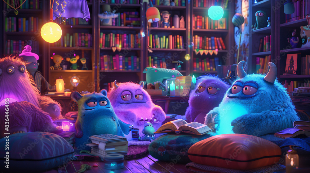 A cozy scene inside a whimsical library where monsters of all sizes ...
