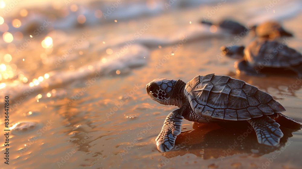 baby turtles on their way to the sea after hatching, created with ...