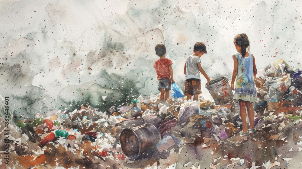 Children Playing in Garbage Dump. Children in a Polluted Landscape ...