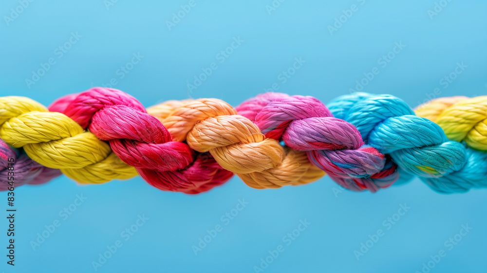 concept to improve cooperation, cohesion of colorful ropes in a team ...