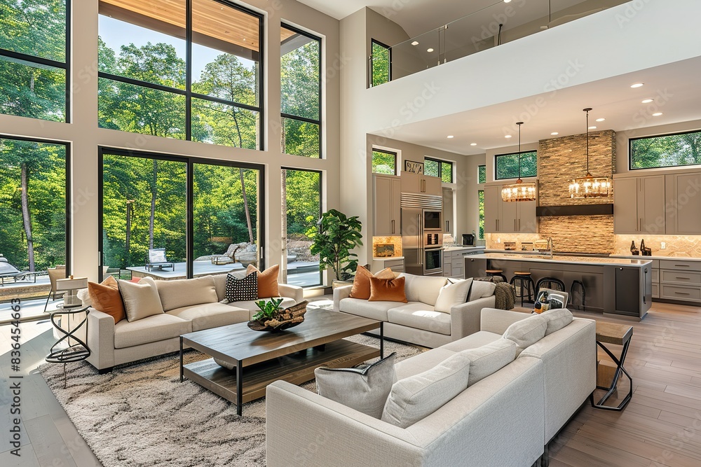 Beautiful living room interior in new luxury home with open concept ...