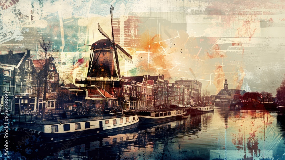 Collage of Amsterdam with windmills and canals, vintage packaging ...