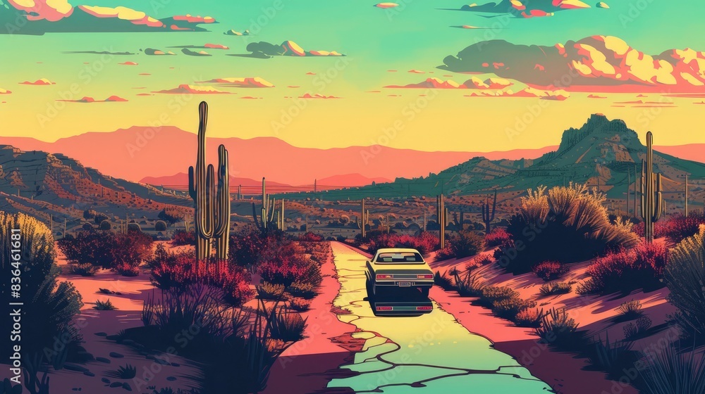 Tucson desert and city scenes, retro comic art, calm radiance flows ...