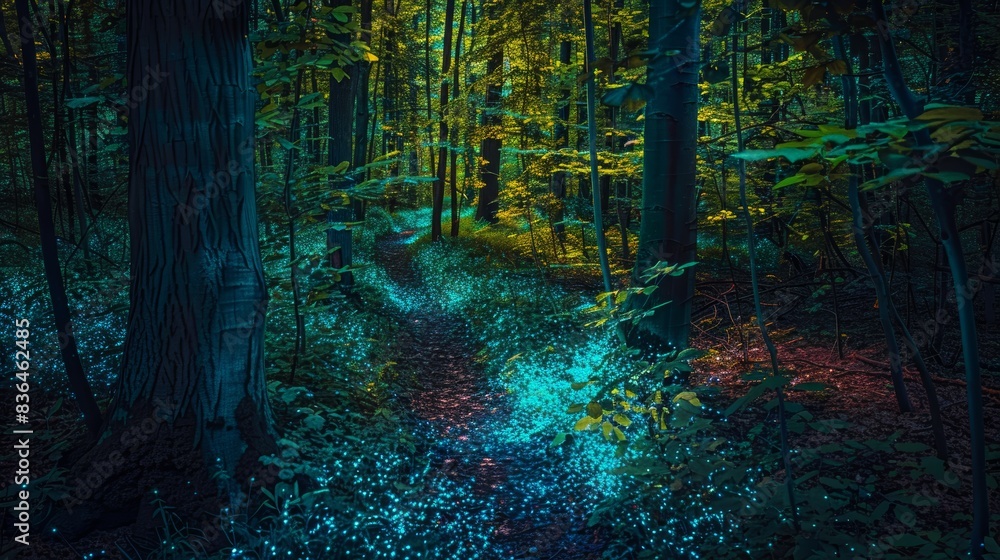 Discovering a magical trail lit by bioluminescence in enchanted forest ...