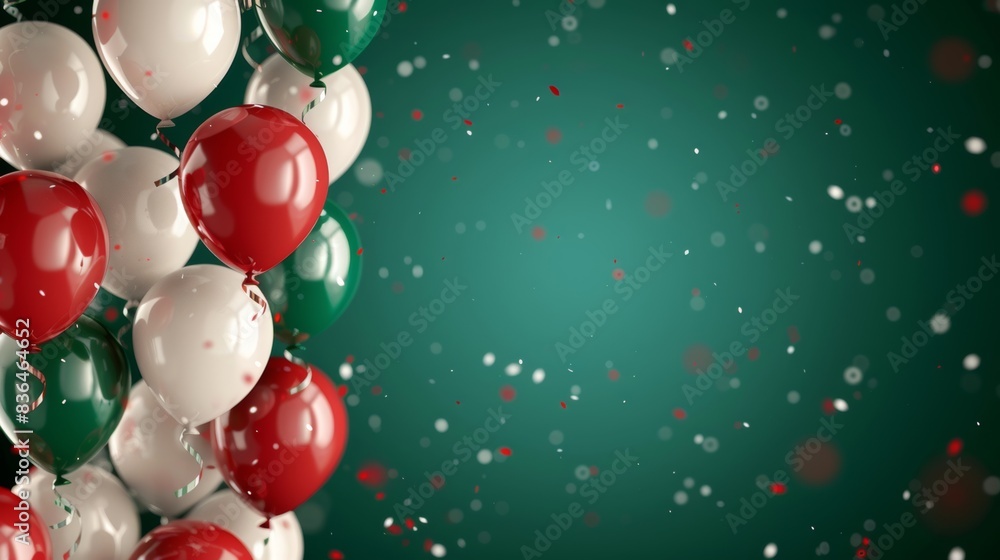 Red, green and white balloons fly on a green background with space for ...