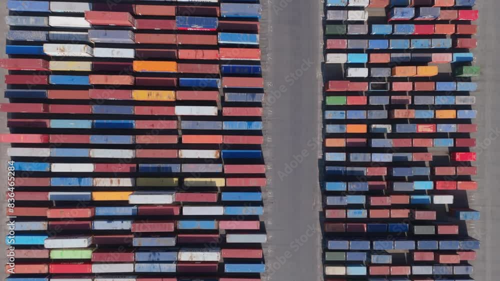 Top down aerial view of shipping containers stacked up at port ...