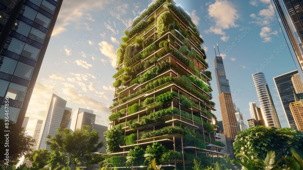 A modern vertical farm in a bustling city, featuring lush green plants ...