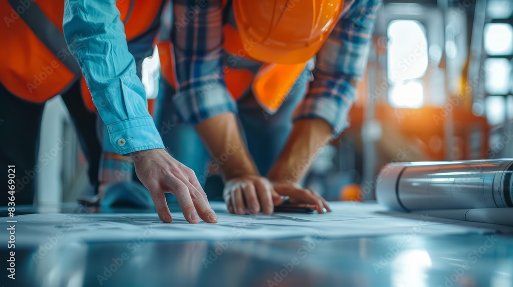Architect and spaceship construction worker examining blueprints ...