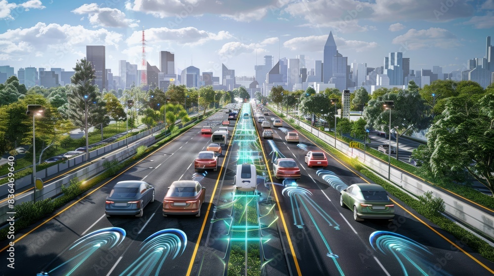 A futuristic highway filled with autonomous electric vehicles ...