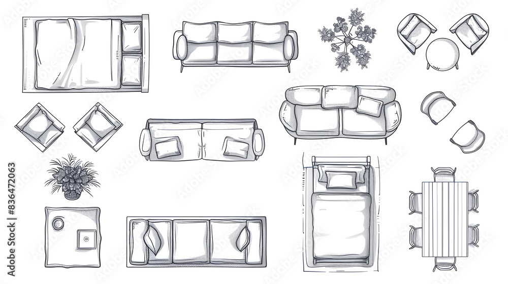 Furniture outline Top view. Set of line art elements for interior ...
