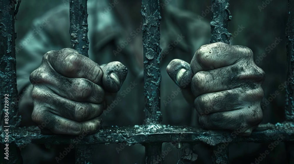 Illustrate a close-up of a prisoners hands gripping prison bars ...
