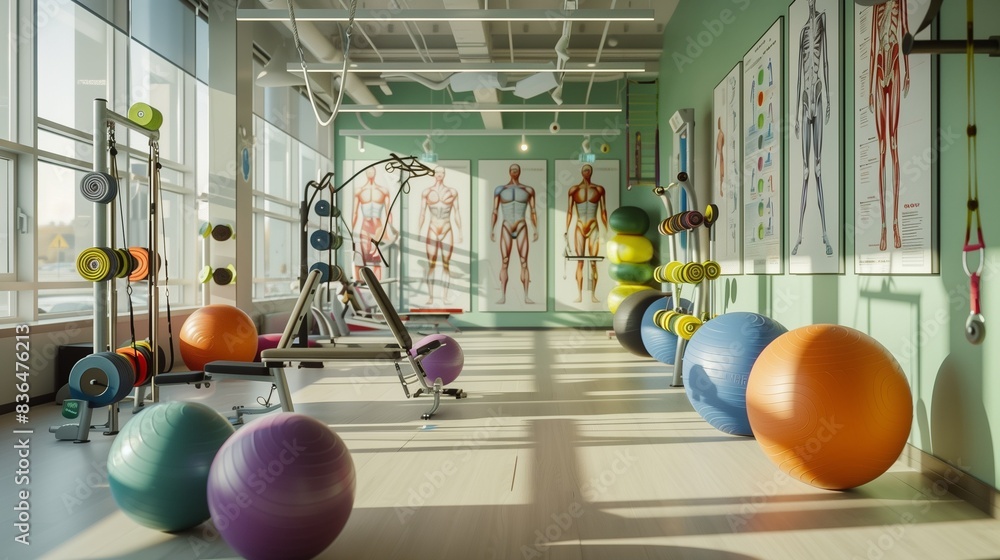 Stretching zone in a fitness center with anatomical charts, bands, and ...