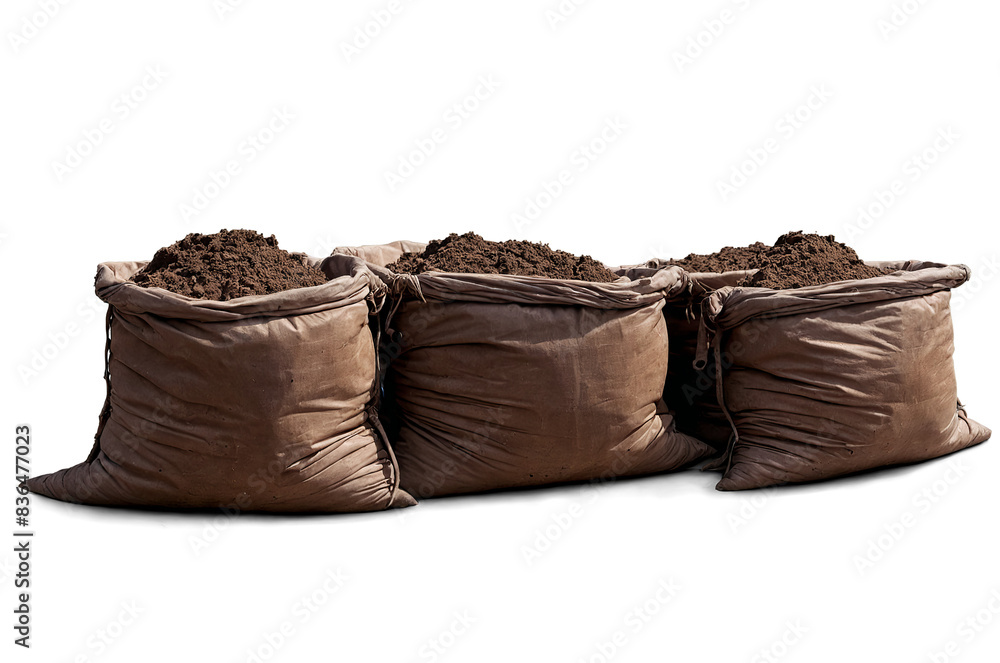 Three full brown bags of soil isolated on a transparent, white ...