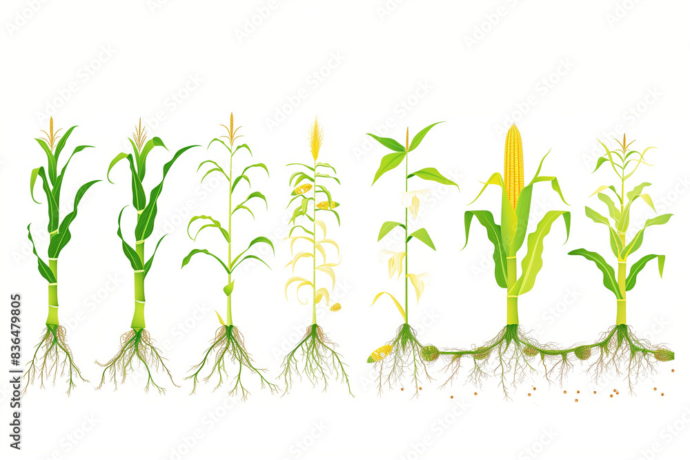 Life cycle of corn maize plant. Growth stages from seeding to flowering ...