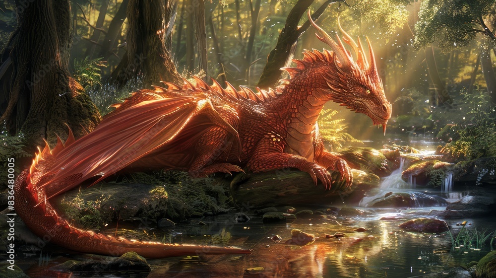 Charming red dragon with shimmering scales, relaxing by a sparkling ...