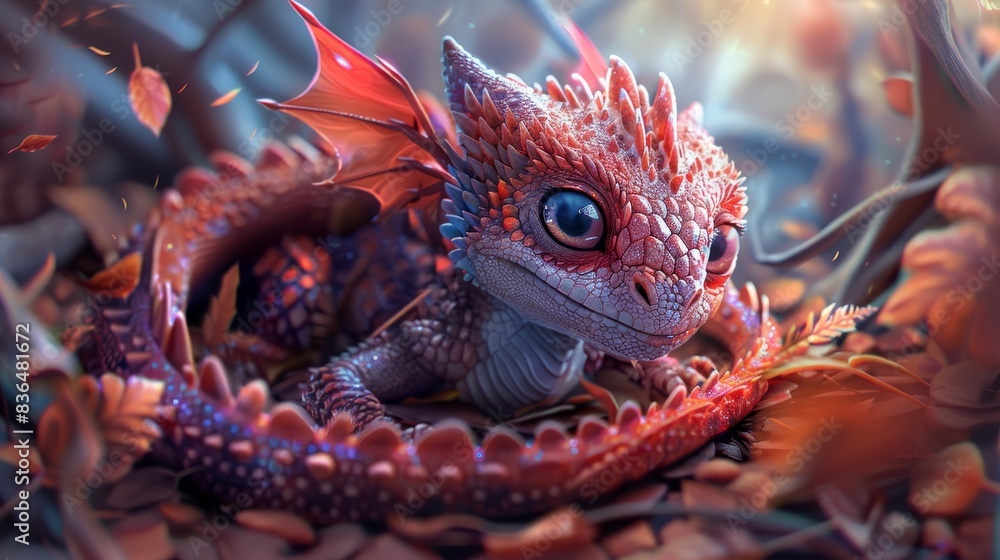 Red-scaled dragon with big eyes and a friendly smile, nestled in a cozy ...
