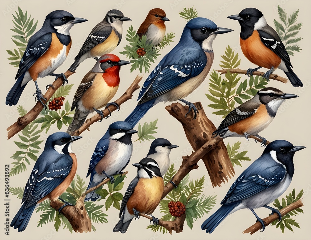 Various forest birds watercolor illustration big set. Hand drawn ...