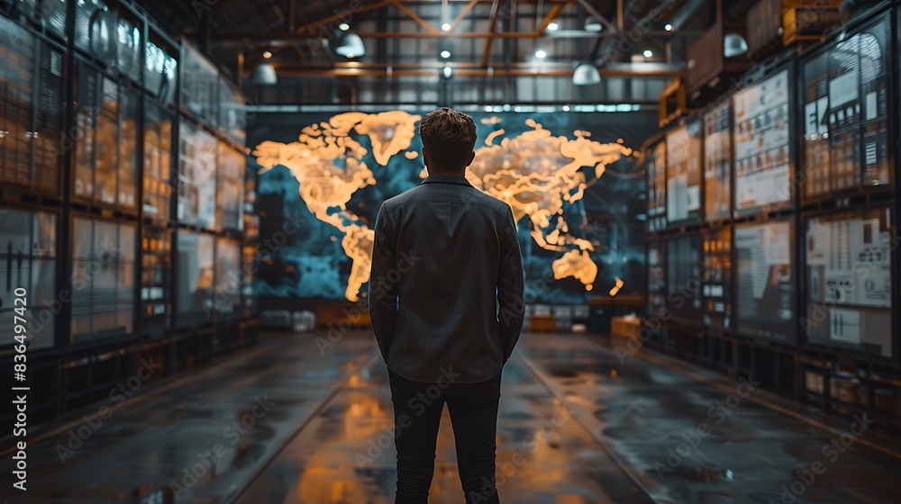 A man standing in front of a large projection of the world map. The man ...