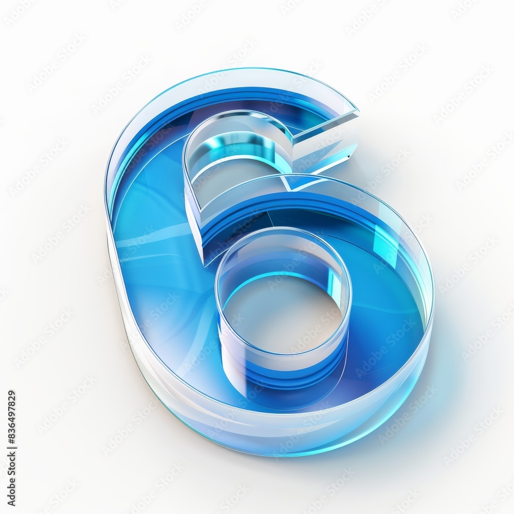 3D logo of the number "6", blue and white, isometric view, translucent ...