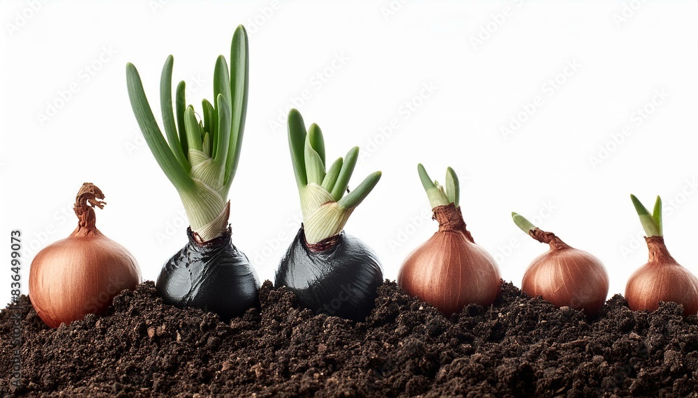 Brote de planta de cebolla negra joven que crece a partir del suelo ...
