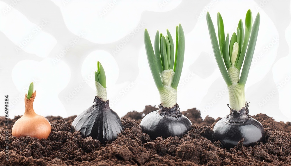 Brote de planta de cebolla negra joven que crece a partir del suelo ...