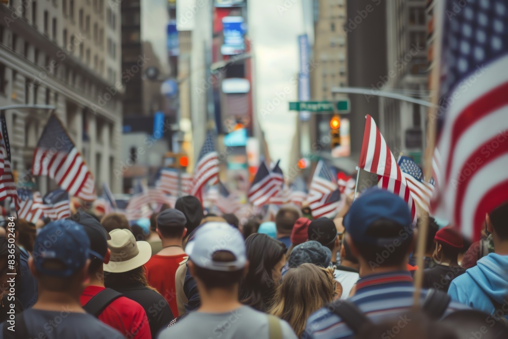 A crowd of people carrying American flags on the street in New York ...