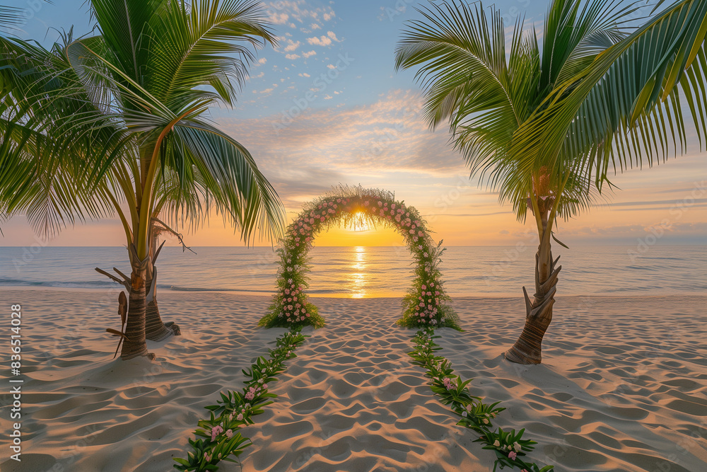 Wedding Arch Set Up on the Beach, A sunset filled beach with a ...