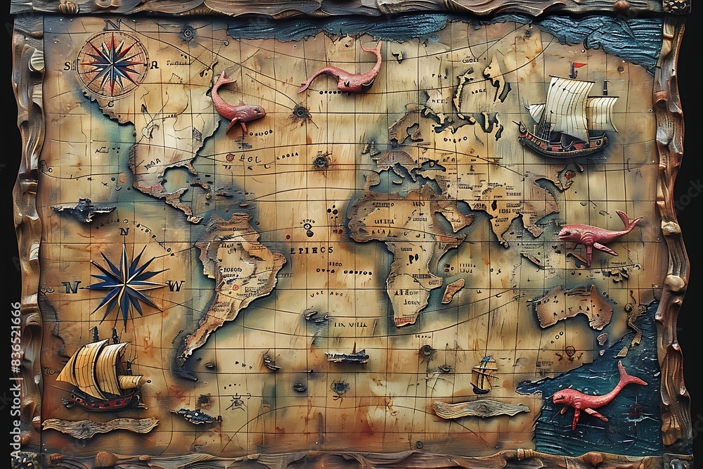 An ancient marinera??s map with mythical sea creatures and navigational ...