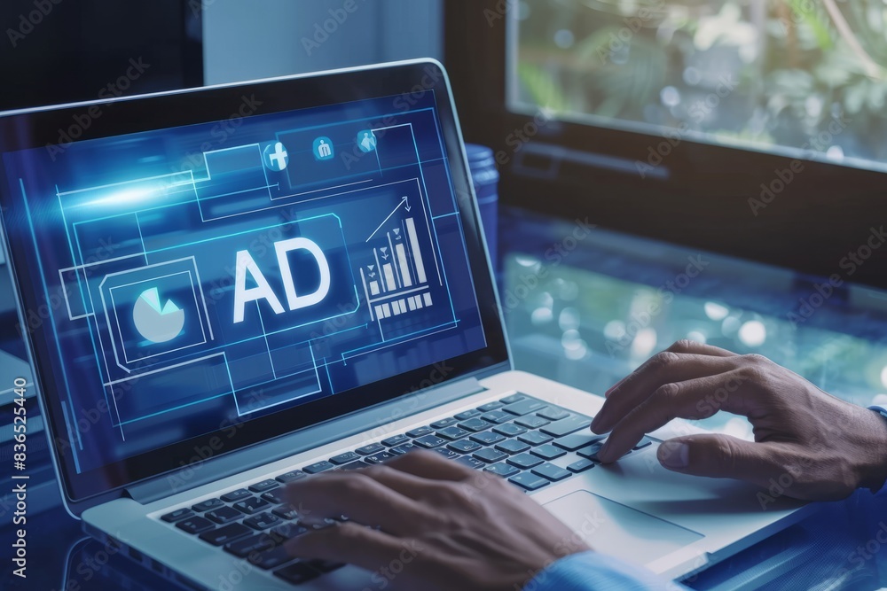 Merchants use laptops to display ads on a glass screen on a virtual ...