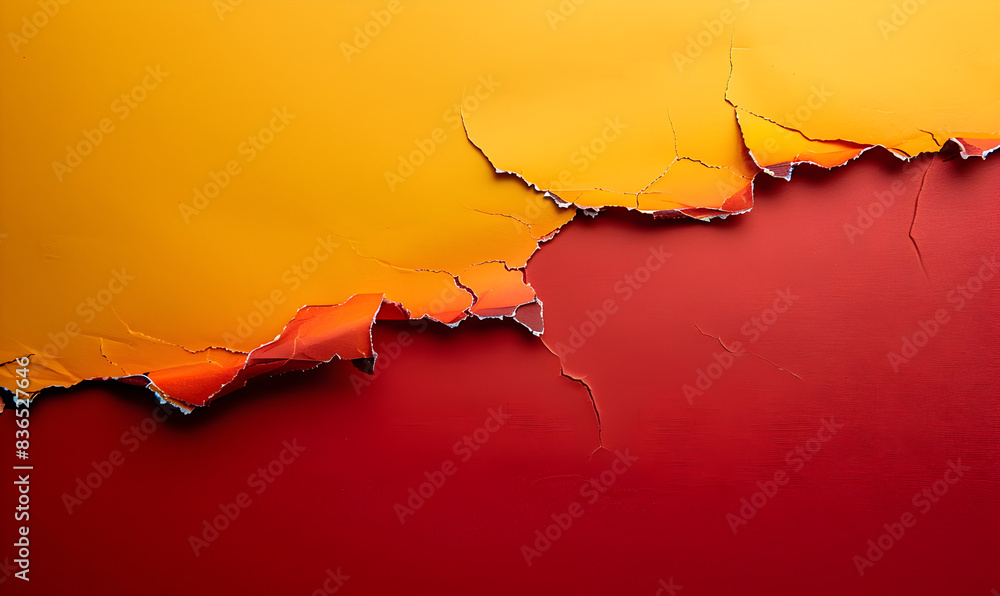 breaking out of a solid yellow wall with tears on white background ...