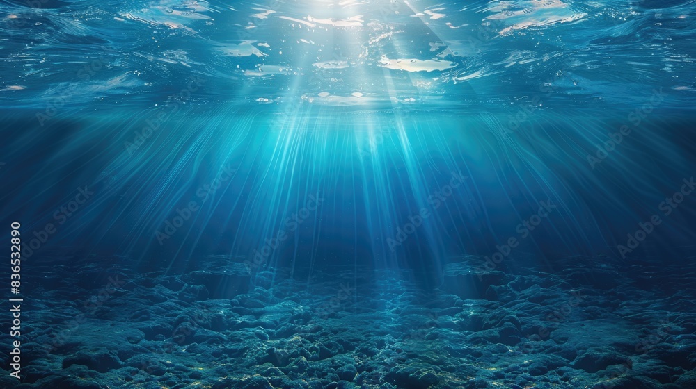 Dark blue ocean surface seen from underwater. Illustration of sun light ...
