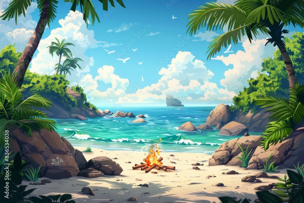 A modern cartoon sea landscape showcases a palm-fringed beach with ...