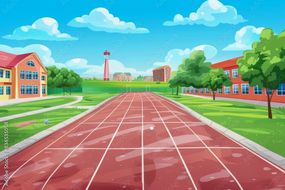 Cartoon illustration of a running track in a school yard, school ...