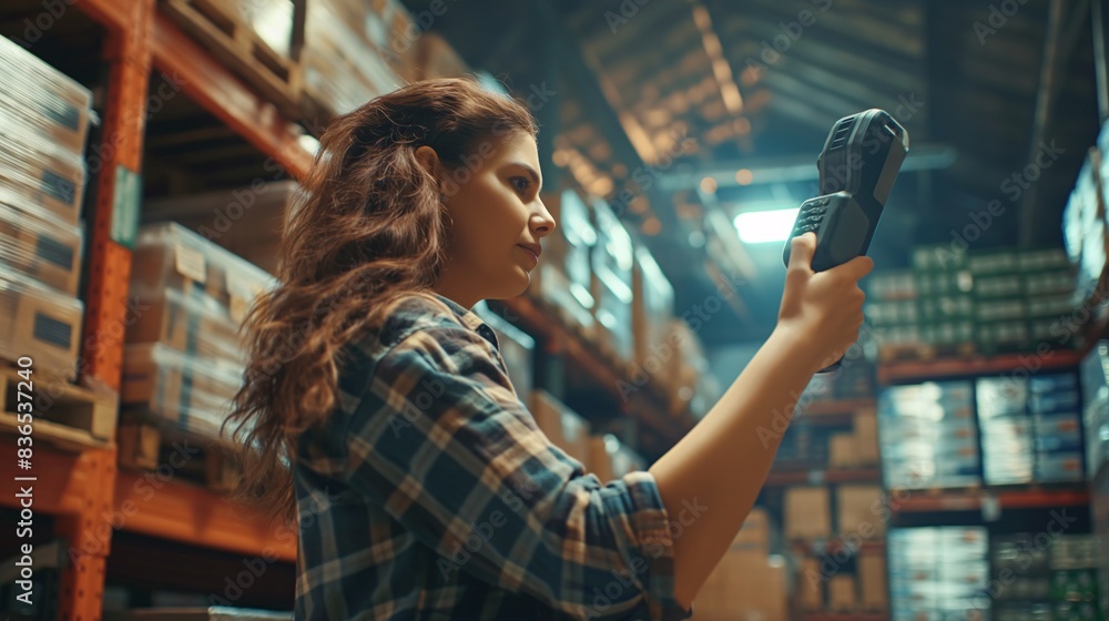 Female warehouse worker holding scanner, scanning the barcodes on ...