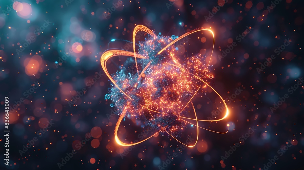 Abstract depiction of an atom with glowing orange particles and ...
