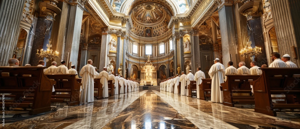 In a large church with a high ceiling and marble floor, many people in ...