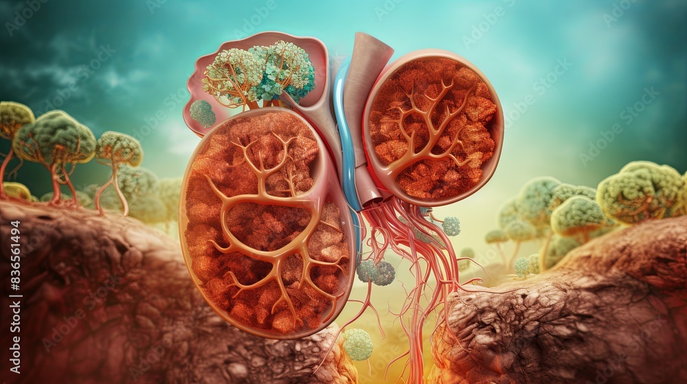 Detailed Kidney Cross Section Anatomy on Scientific Background - 3D ...