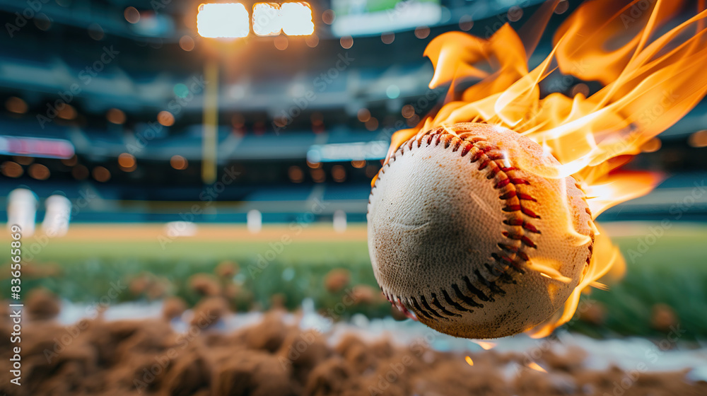A close-up of a flying baseball trailing flames on a baseball field ...