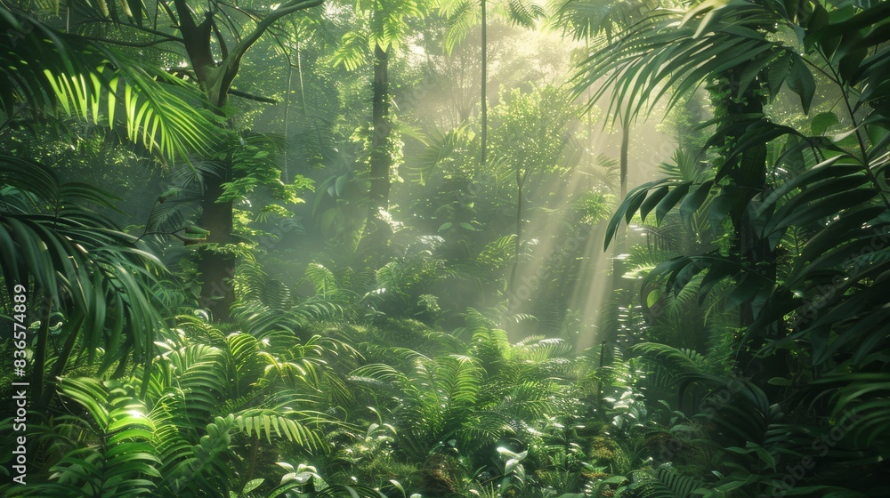 Lush green forest scene with dappled sunlight. Ideal for nature ...