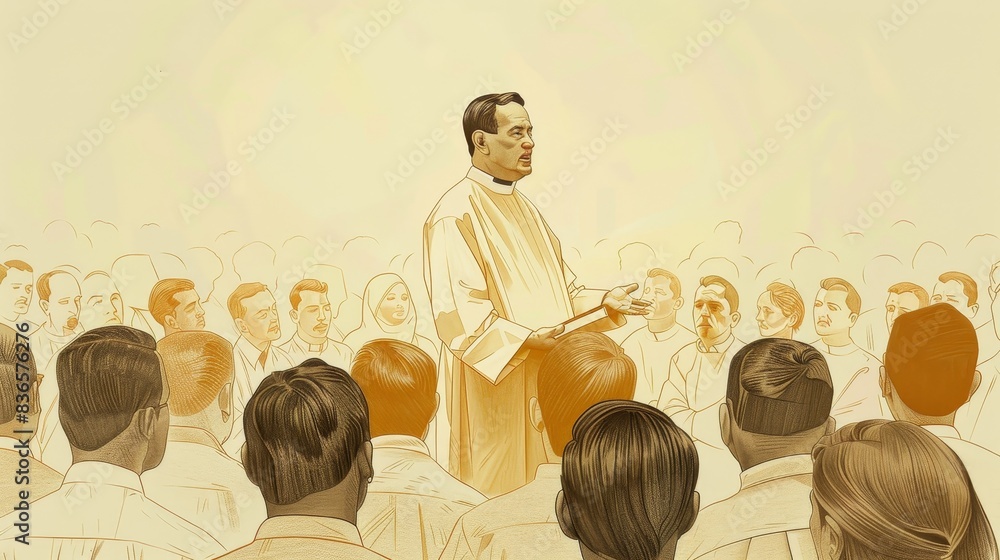 Biblical Illustration of Saint Oscar Romero preaching to a crowd ...