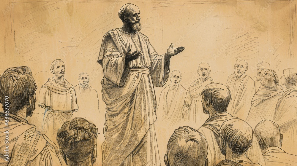 Biblical Illustration of Saint Paulinus of Nola preaching to a crowd ...