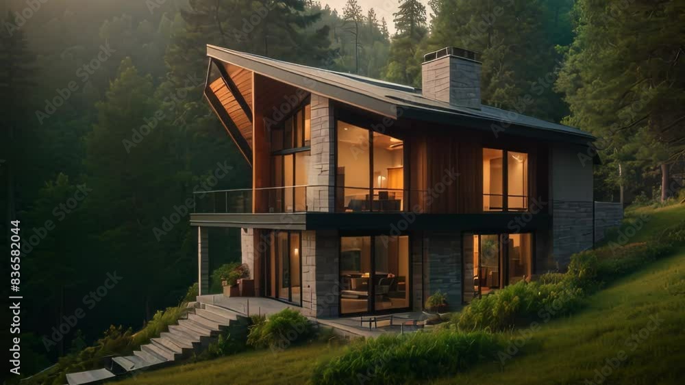 Video animation of modern two story house nestled in a forested area ...