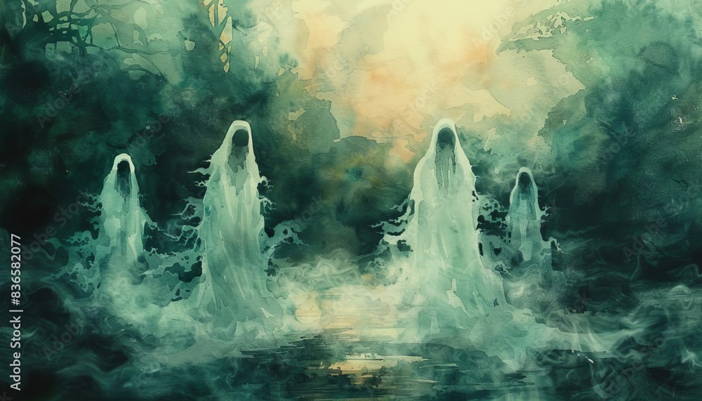 Design a watercolor illustration of ghostly apparitions from a slanted ...
