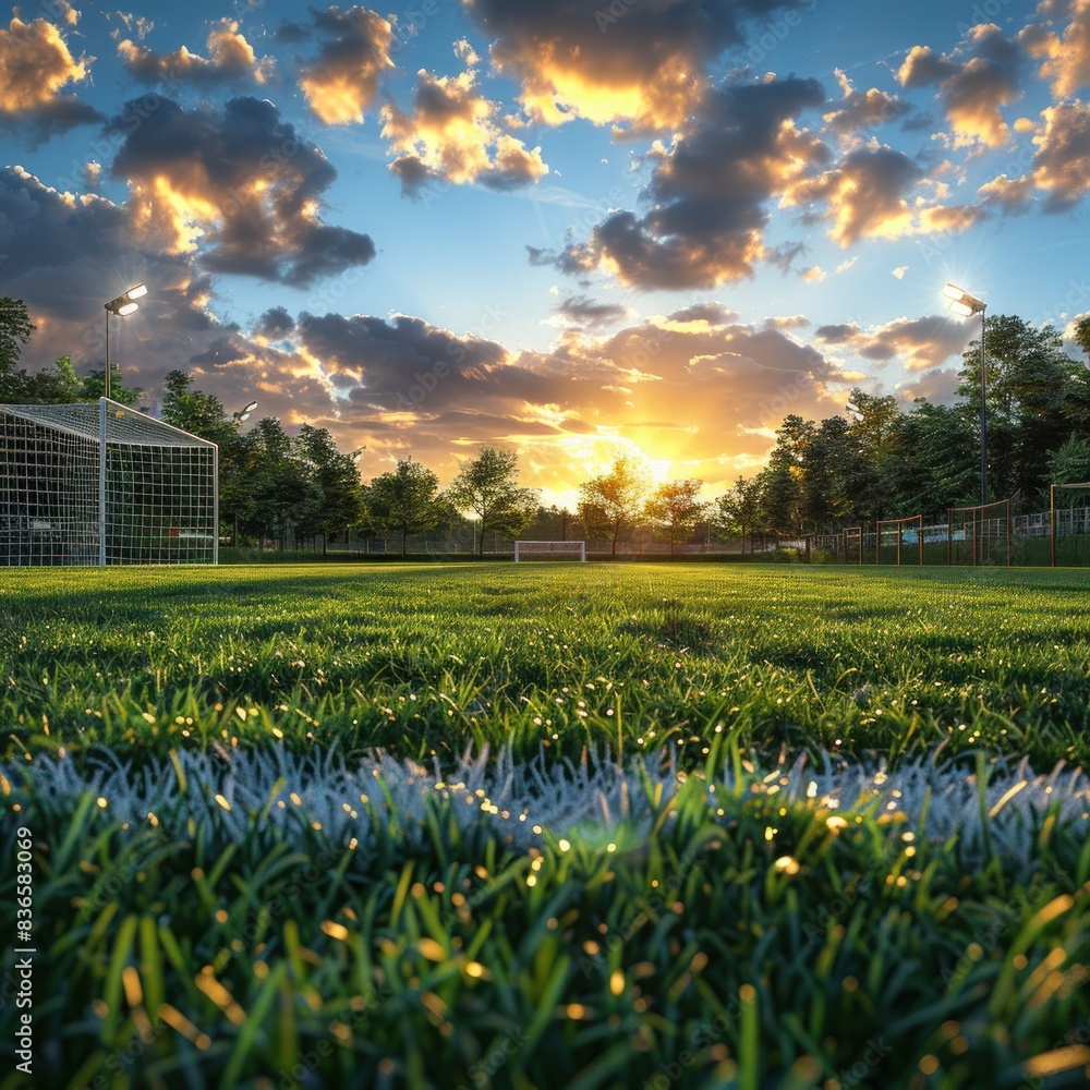 Football field with goalposts and green grass under blue sky, showing ...