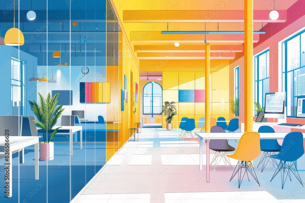 Simplified vector illustration of a corporate office decorated with ...